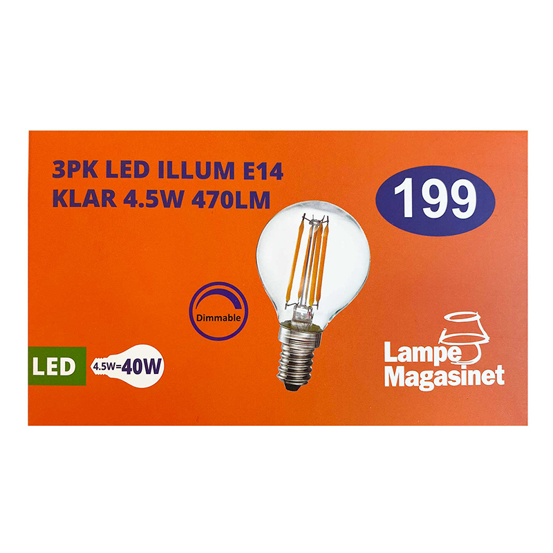 3pk LED E14 illum lyspærer dimbar klar 4.9W 470lm | Lampemagasinet